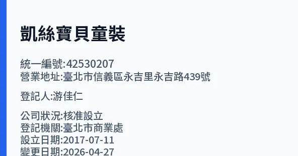 凱絲寶貝童裝的照片-統編 42530207(臺北市) 公司登記資料與營業項目詳細圖表