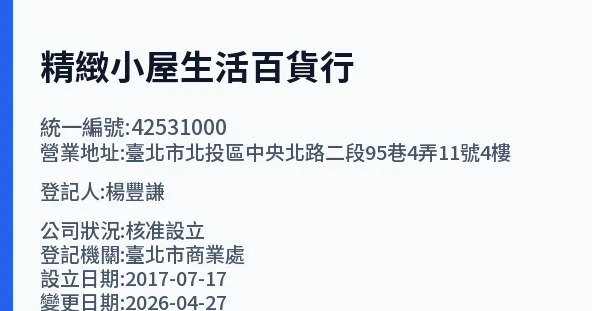 精緻小屋生活百貨行的照片-統編 42531000(臺北市) 公司登記資料與營業項目詳細圖表