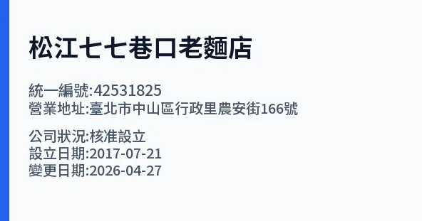 松江七七巷口老麵店的照片-統編 42531825(臺北市) 公司登記資料與營業項目詳細圖表