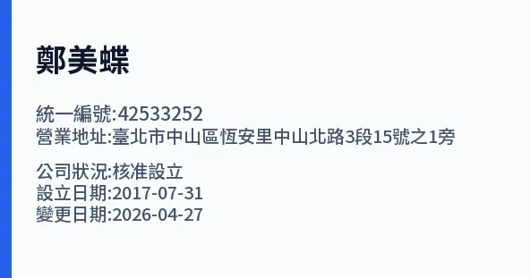 鄭美蝶的照片-統編 42533252(臺北市) 公司登記資料與營業項目詳細圖表