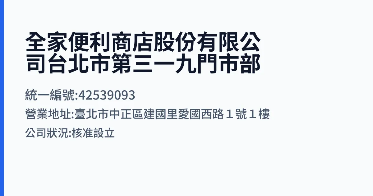 全家便利商店股份有限公司台北市第三一九門市部 - 統編 42539093(臺北市) 公司登記資料與營業項目詳細圖表