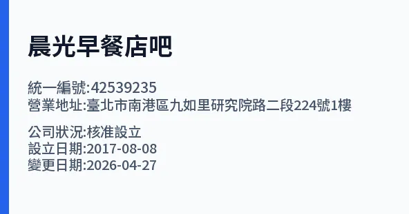 晨光早餐店吧的照片-統編 42539235(臺北市) 公司登記資料與營業項目詳細圖表