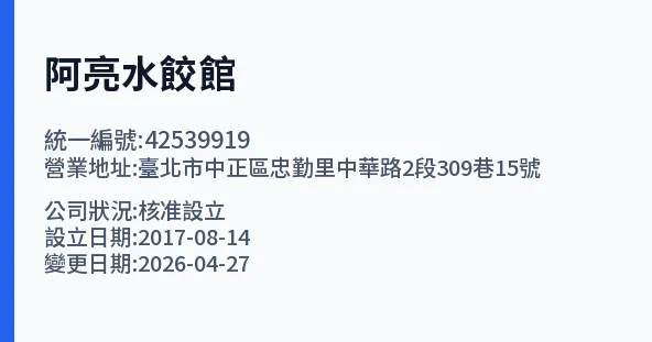 阿亮水餃館的照片-統編 42539919(臺北市) 公司登記資料與營業項目詳細圖表
