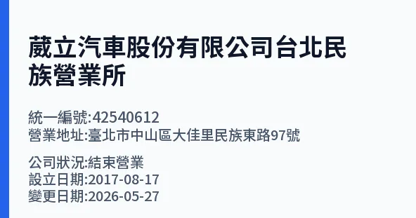 葳立汽車股份有限公司台北民族營業所的照片-統編 42540612(臺北市) 公司登記資料與營業項目詳細圖表