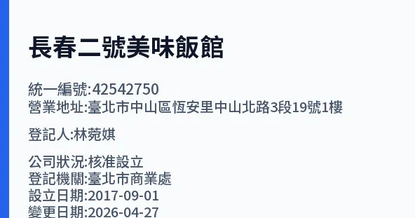 長春二號美味飯館的照片-統編 42542750(臺北市) 公司登記資料與營業項目詳細圖表