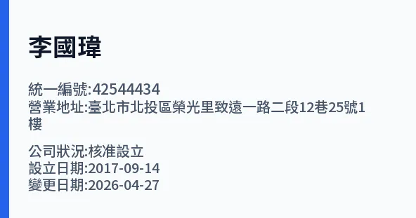 李國瑋的照片-統編 42544434(臺北市) 公司登記資料與營業項目詳細圖表