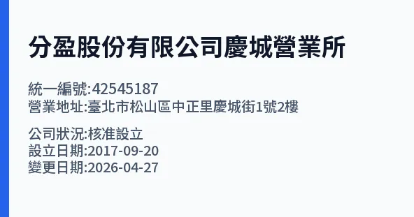 分盈股份有限公司慶城營業所的照片-統編 42545187(臺北市) 公司登記資料與營業項目詳細圖表