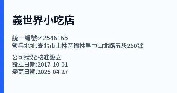 義世界小吃店的照片-統編 42546165(臺北市) 公司登記資料與營業項目詳細圖表