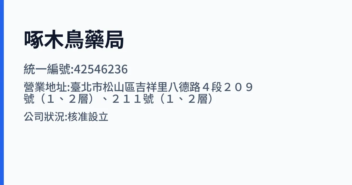 啄木鳥藥局 - 統編 42546236(臺北市) 公司登記資料與營業項目詳細圖表