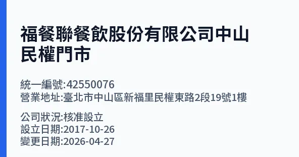 福餐聯餐飲股份有限公司中山民權門市的照片-統編 42550076(臺北市) 公司登記資料與營業項目詳細圖表