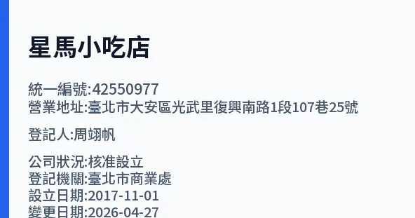 星馬小吃店的照片-統編 42550977(臺北市) 公司登記資料與營業項目詳細圖表