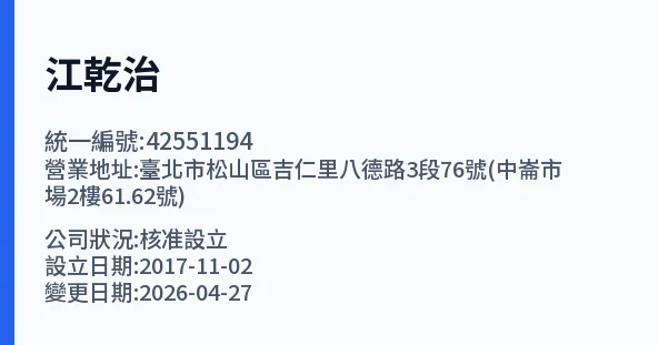 江乾治的照片-統編 42551194(臺北市) 公司登記資料與營業項目詳細圖表