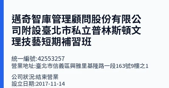 邁奇智庫管理顧問股份有限公司附設臺北市私立普林斯頓文理技藝短期補習班的照片-統編 42553257(臺北市) 公司登記資料與營業項目詳細圖表