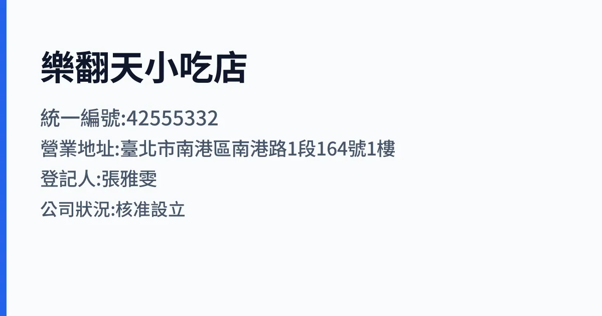 樂翻天小吃店 - 統編 42555332(臺北市) 公司登記資料與營業項目詳細圖表