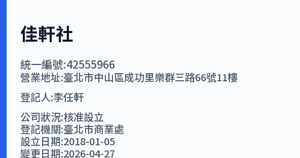 佳軒社的照片-統編 42555966(臺北市) 公司登記資料與營業項目詳細圖表