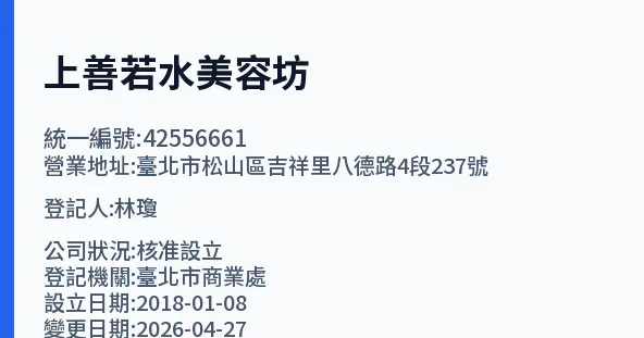 上善若水美容坊的照片-統編 42556661(臺北市) 公司登記資料與營業項目詳細圖表