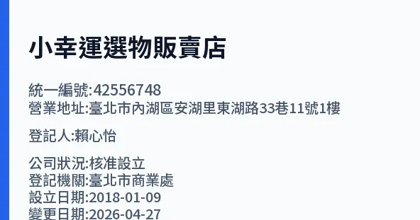 小幸運選物販賣店的照片-統編 42556748(臺北市) 公司登記資料與營業項目詳細圖表