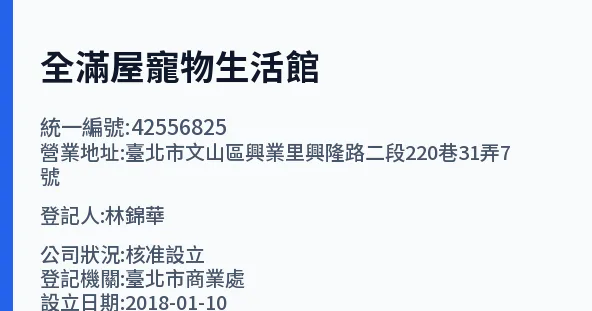 全滿屋寵物生活館的照片-統編 42556825(臺北市) 公司登記資料與營業項目詳細圖表