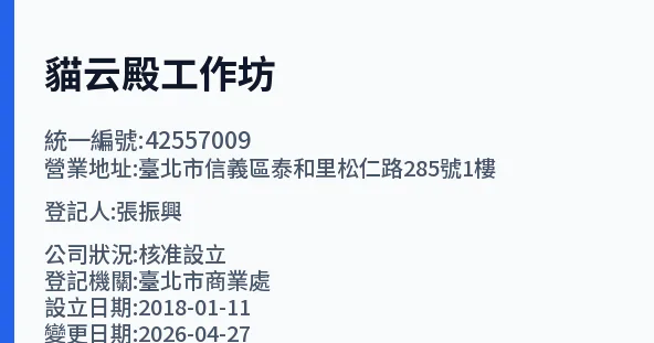 貓云殿工作坊的照片-統編 42557009(臺北市) 公司登記資料與營業項目詳細圖表