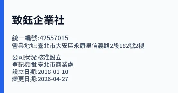 致鈺企業社的照片-統編 42557015(臺北市) 公司登記資料與營業項目詳細圖表