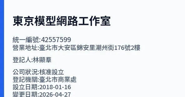 東京模型網路工作室的照片-統編 42557599(臺北市) 公司登記資料與營業項目詳細圖表