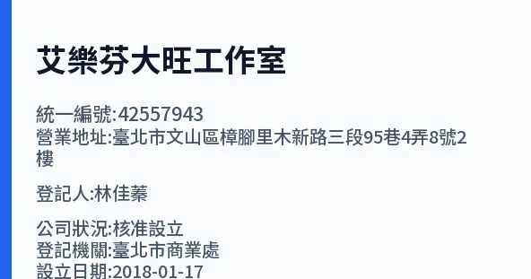 艾樂芬大旺工作室的照片-統編 42557943(臺北市) 公司登記資料與營業項目詳細圖表