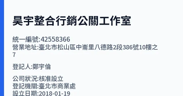 昊宇整合行銷公關工作室的照片-統編 42558366(臺北市) 公司登記資料與營業項目詳細圖表