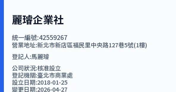 麗璿企業社的照片-統編 42559267(新北市) 公司登記資料與營業項目詳細圖表