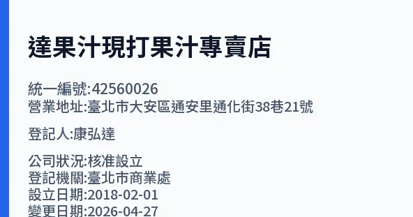 達果汁現打果汁專賣店的照片-統編 42560026(臺北市) 公司登記資料與營業項目詳細圖表