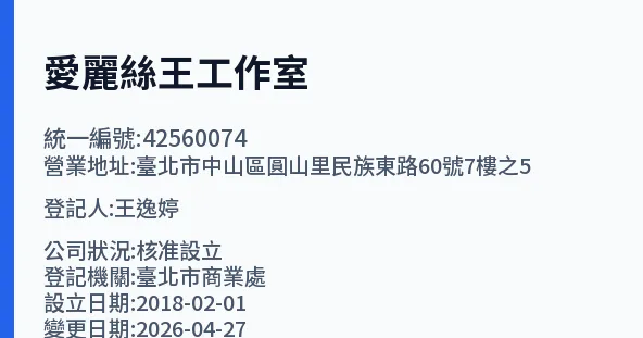 愛麗絲王工作室的照片-統編 42560074(臺北市) 公司登記資料與營業項目詳細圖表