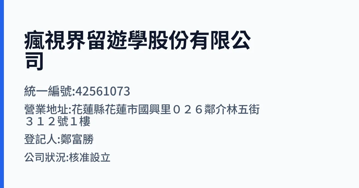 瘋視界留遊學股份有限公司 - 統編 42561073(花蓮縣) 公司登記資料與營業項目詳細圖表