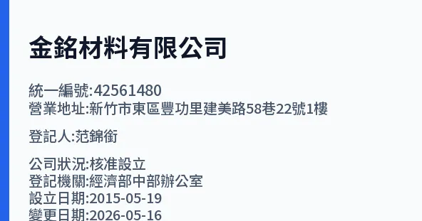 金銘材料有限公司的照片-統編 42561480(新竹市) 公司登記資料與營業項目詳細圖表