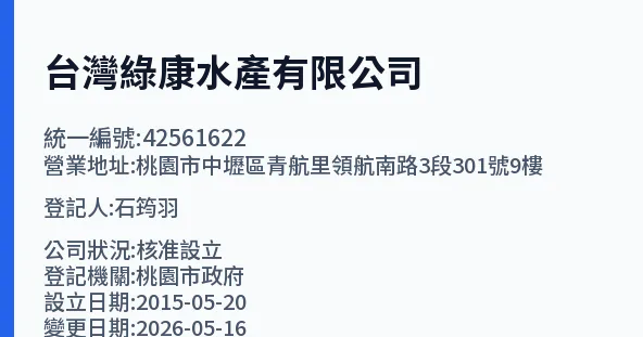 台灣綠康水產有限公司的照片-統編 42561622(桃園市) 公司登記資料與營業項目詳細圖表