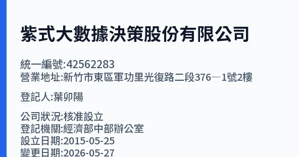 紫式大數據決策股份有限公司的照片-統編 42562283(新竹市) 公司登記資料與營業項目詳細圖表