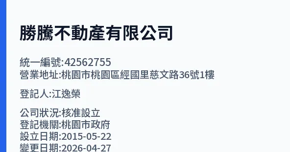 勝騰不動產有限公司的照片-統編 42562755(桃園市) 公司登記資料與營業項目詳細圖表
