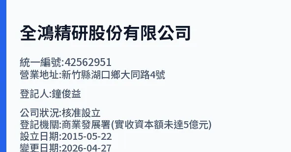 全鴻精研股份有限公司的照片-統編 42562951(新竹縣) 公司登記資料與營業項目詳細圖表