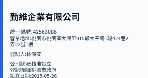 勤維企業有限公司的照片-統編 42563086(桃園市) 公司登記資料與營業項目詳細圖表