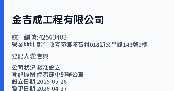 金吉成工程有限公司的照片-統編 42563403(彰化縣) 公司登記資料與營業項目詳細圖表