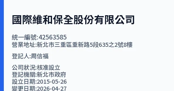 國際維和保全股份有限公司的照片-統編 42563585(新北市) 公司登記資料與營業項目詳細圖表