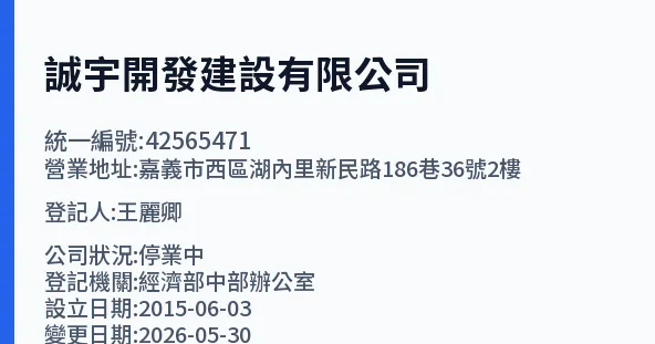 誠宇開發建設有限公司的照片-統編 42565471(嘉義市) 公司登記資料與營業項目詳細圖表