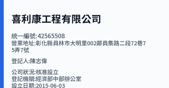 喜利康工程有限公司的照片-統編 42565508(彰化縣) 公司登記資料與營業項目詳細圖表