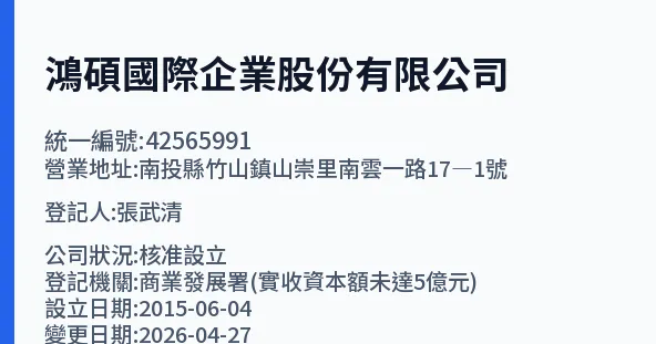 鴻碩國際企業股份有限公司的照片-統編 42565991(南投縣) 公司登記資料與營業項目詳細圖表
