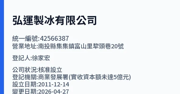 弘運製冰有限公司的照片-統編 42566387(南投縣) 公司登記資料與營業項目詳細圖表