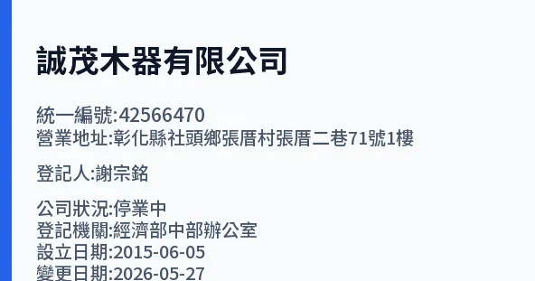 誠茂木器有限公司的照片-統編 42566470(彰化縣) 公司登記資料與營業項目詳細圖表