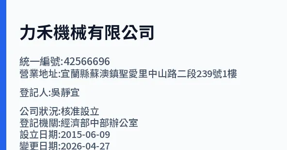 力禾機械有限公司的照片-統編 42566696(宜蘭縣) 公司登記資料與營業項目詳細圖表