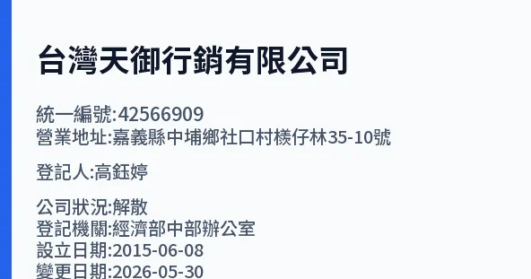台灣天御行銷有限公司的照片-統編 42566909(嘉義縣) 公司登記資料與營業項目詳細圖表