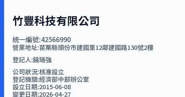 竹豐科技有限公司的照片-統編 42566990(苗栗縣) 公司登記資料與營業項目詳細圖表