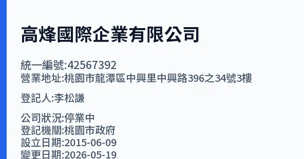 高烽國際企業有限公司的照片-統編 42567392(桃園市) 公司登記資料與營業項目詳細圖表