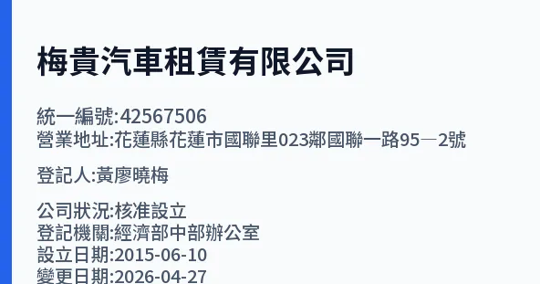 梅貴汽車租賃有限公司的照片-統編 42567506(花蓮縣) 公司登記資料與營業項目詳細圖表