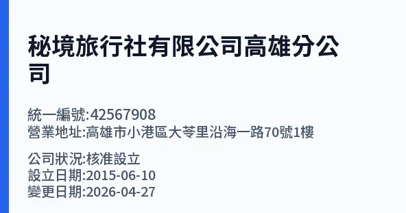 秘境旅行社有限公司高雄分公司的照片-統編 42567908(高雄市) 公司登記資料與營業項目詳細圖表